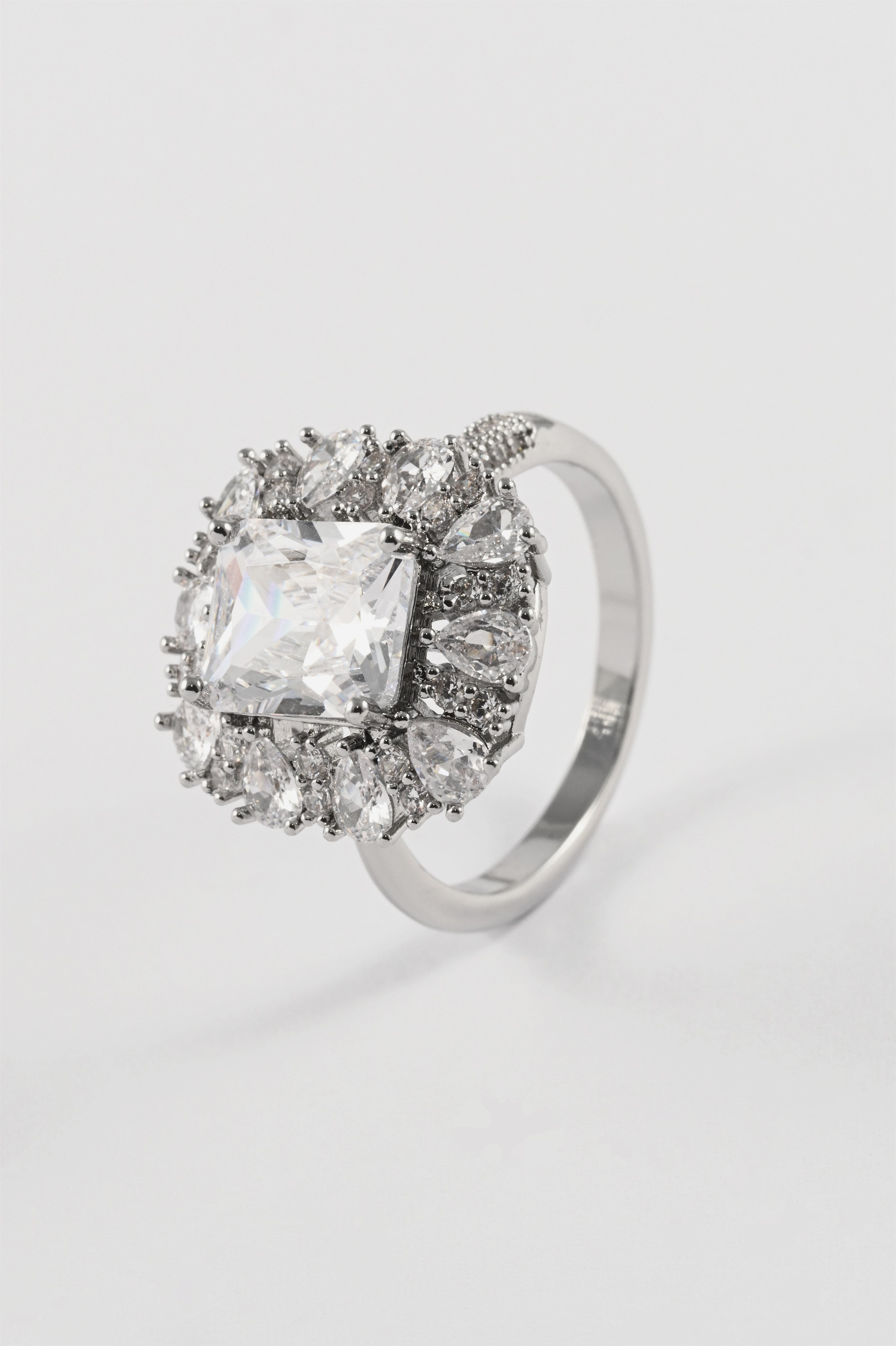 RHODIUM MULTI CUBIC ZIRCONIA LARGE HALO RING M/L