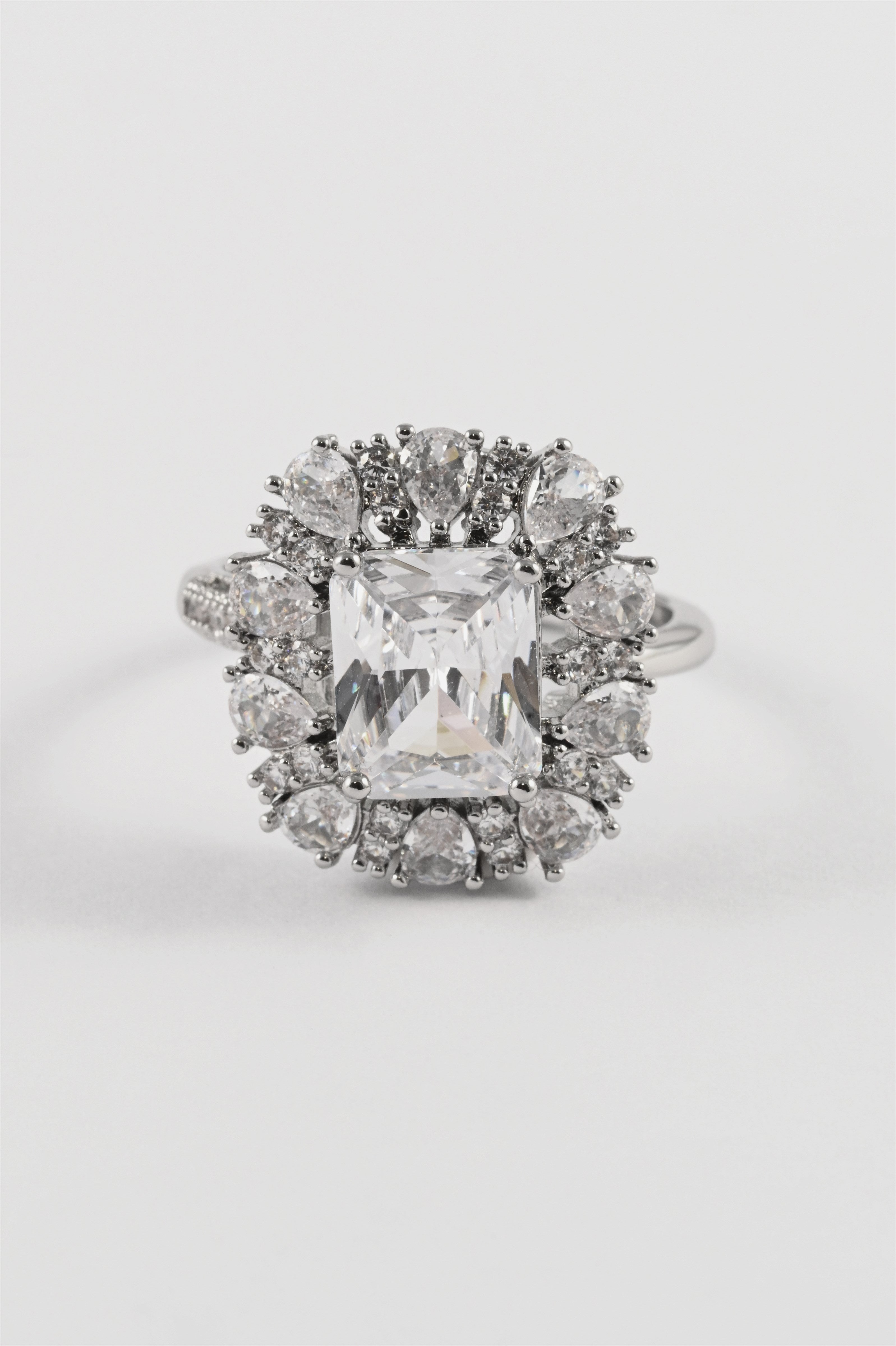 RHODIUM MULTI CUBIC ZIRCONIA LARGE HALO RING M/L